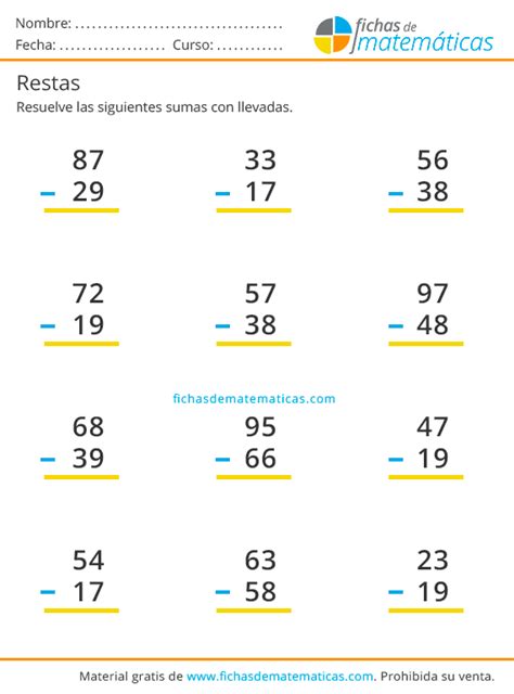 Restas Con Llevadas Descargar PDF Gratis Con Ejercicios