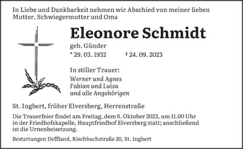 Traueranzeigen Von Eleonore Schmidt Saarbruecker Zeitung Trauer De