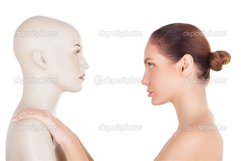 Shirtless Woman Standing In Front Of The Mannequin Stock Photo By