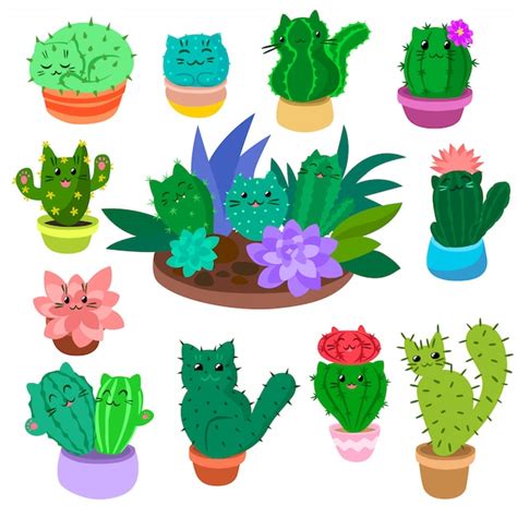 Cute Dibujos Animados Cactus Y Suculentas En Mano Dibuja Plantas De