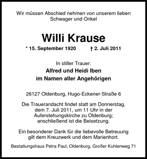 Traueranzeigen Von Willi Krause Nordwest Trauer De