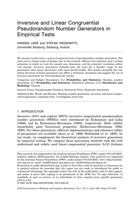 pdf inversive and linear congruential pseudorandom number generators in empirical tests