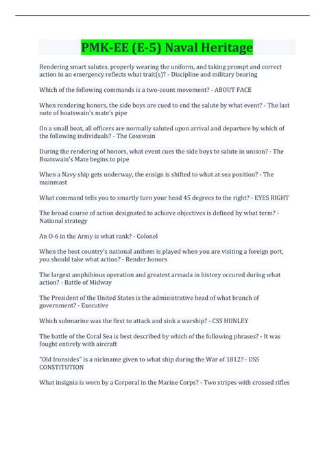 PMK EE E 5 Naval Heritage Test Exam With Complete Solution Pmkee