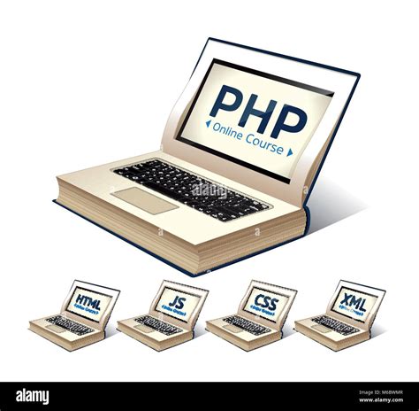 programming language concept php css xml html javascript learning book as laptop stock