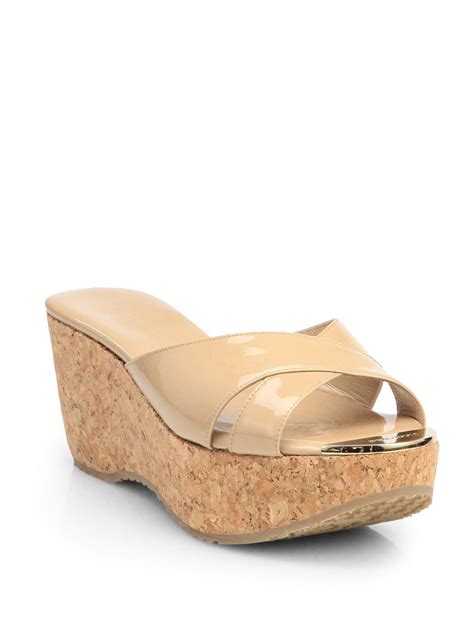 Jimmy Choo Prima Patent Leather Cork Wedge Sandals In Beige Nude Lyst