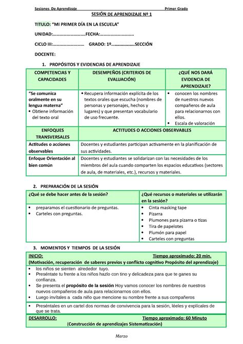 Sesion Primer Grado Sesiones De Aprendizaje Primer Grado Marzo SESIÓN