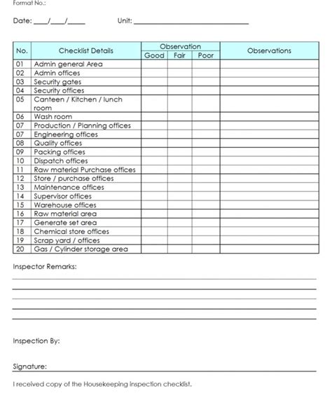 Printable Workplace Housekeeping Inspection Checklist For Factory