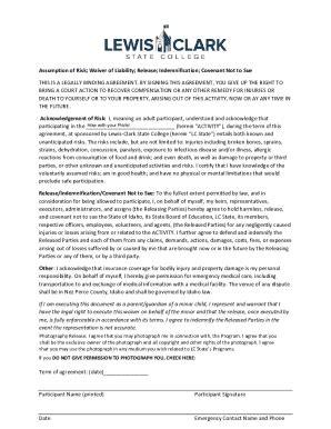 Fillable Online Assumption Of Risk Release And Indemnification