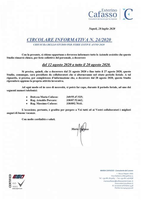 CIRCOLARE N 24 2020 Chiusura Studio Per Ferie Estive 2020 Studio