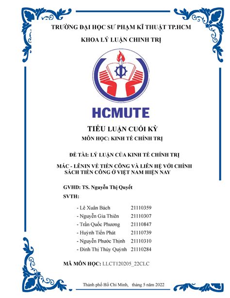 KTCT tiểu luận cuối kì TRƯỜNG ĐẠI HỌC SƯ PHẠM KĨ THUẬT TP KHOA LÝ