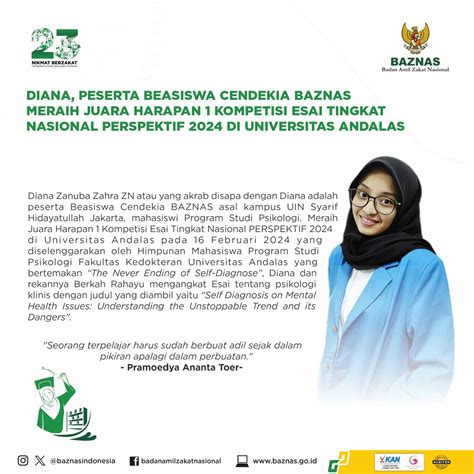 Diana Peserta Beasiswa Cendekia BAZNAS Raih Juara Harapan I Kompetisi