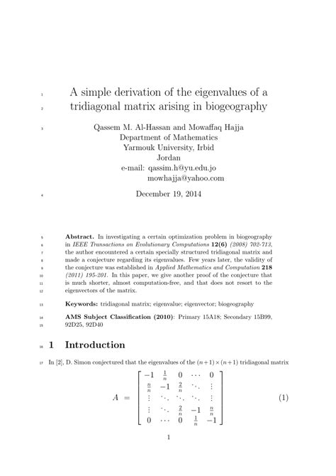 pdf a simple derivation of the eigenvaluesof a tridiagonal matrix arising in biogeography