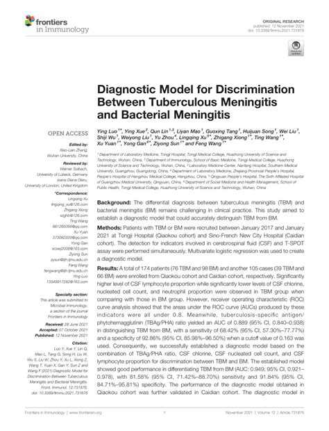 PDF Diagnostic Model For Discrimination Between Tuberculous