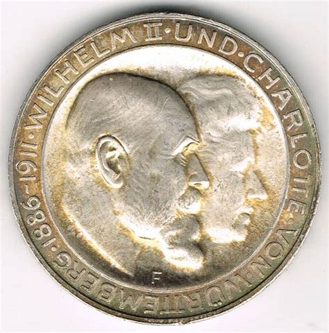 German Empire Württemberg 3 Mark 1911 F For the Silver Wedding