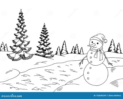 Winter Forest Graphic Snowman Black White Landscape Sketch Illustration