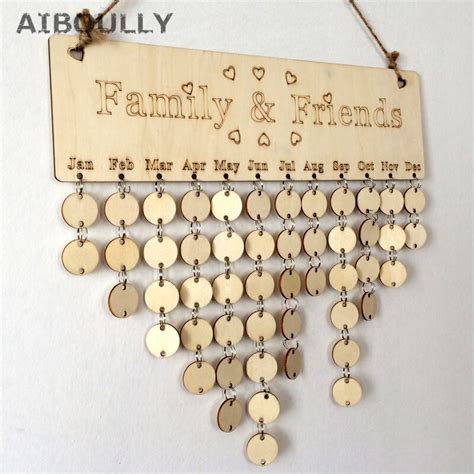 Placa de calendário de aniversário de madeira diy família e amigo