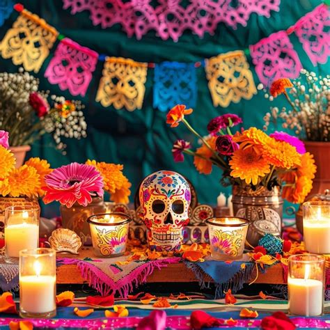 Vibrante celebración del Altar del Día de los Muertos Imagen Premium