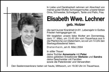 Traueranzeigen Von Elisabeth Lechner Trauer Bz