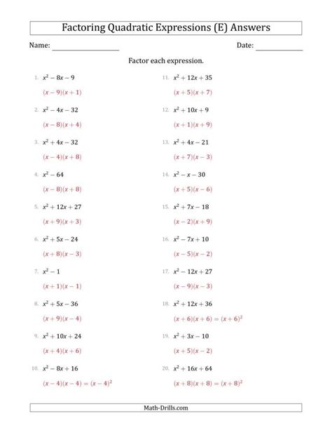 Factoring Quadratics Worksheet A 1 FactorWorksheets
