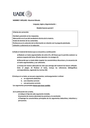 Modelo de 1er parcial 2023 Lenguaje Lógica y Argumentación UADE