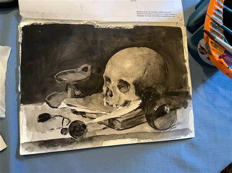 Watercolor Mastercopy Still Life With A Skull And A Writing Quill