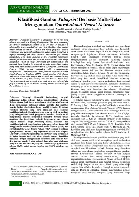 pdf klasifikasi gambar palmprint berbasis multi kelas menggunakan convolutional neural network