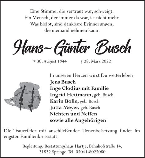 Traueranzeigen von Hans Günter Busch Trauerportal Ihrer Tageszeitung