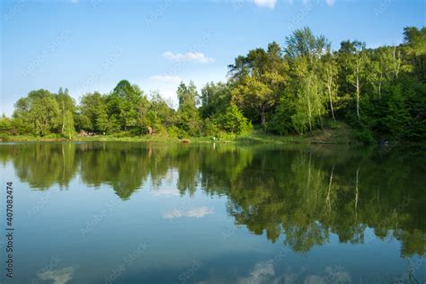 Drzewa liściaste odbijające się w wodzie jeziora Stock Photo Adobe Stock