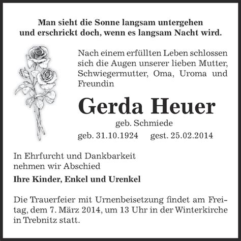 Traueranzeigen Von Gerda Heuer Abschied Nehmen De