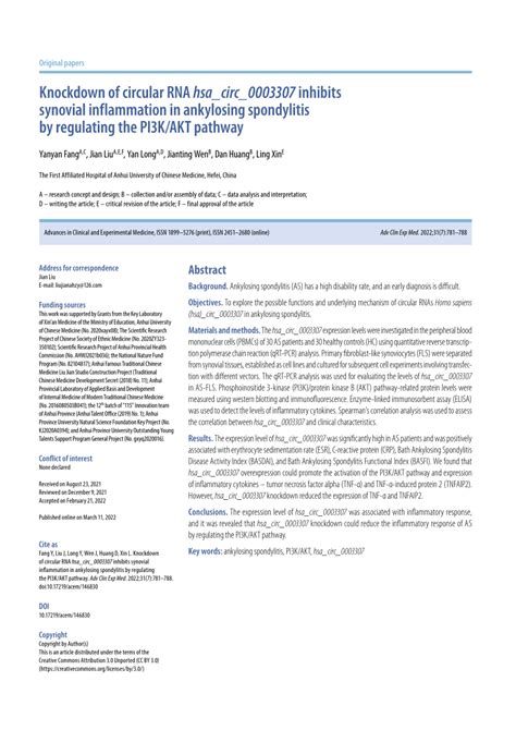 Pdf Knockdown Of Circular Rna Hsa Circ Inhibits Synovial