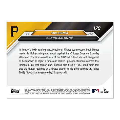 2024 MLB Topps NOW 179 PAUL SKENES 2023 1ST Grelly USA