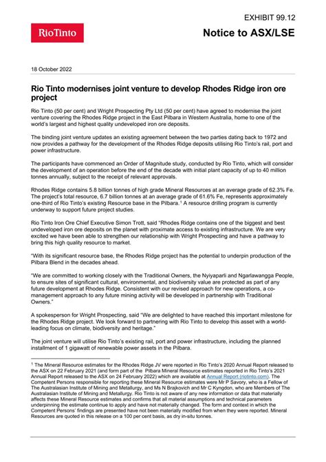 RIO TINTO LTD Notice To ASX LSE 18 October 2022 Rio Tinto Modernises