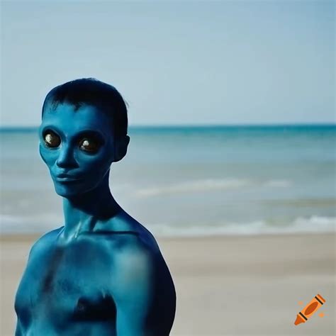 Blue Skinned Humanoid Alien Man With Short Wavy Black Hair At The Beach
