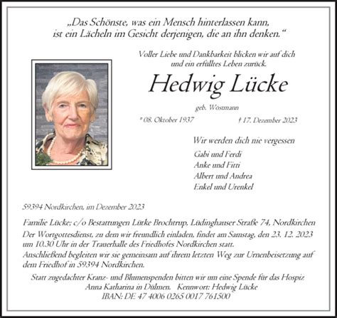 Traueranzeigen von Hedwig Lücke sich erinnern de
