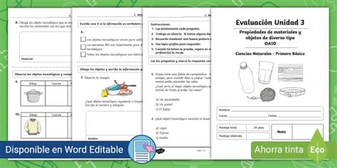 Evaluación 1 básico Ciencias Naturales Unidad 3 OA 10