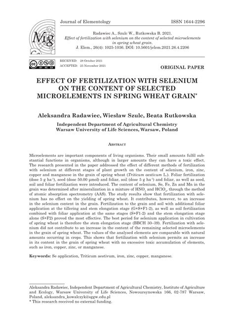 pdf effect of fertilization with selenium on the content of selected microelements in spring