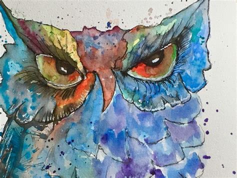 Eule Original Leinwand Aquarell Fine Art Aquarell Eule Uhu Eule