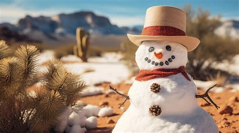 Premium AI Image On A Desert A Snowman Wearing A Red Hat Generative AI