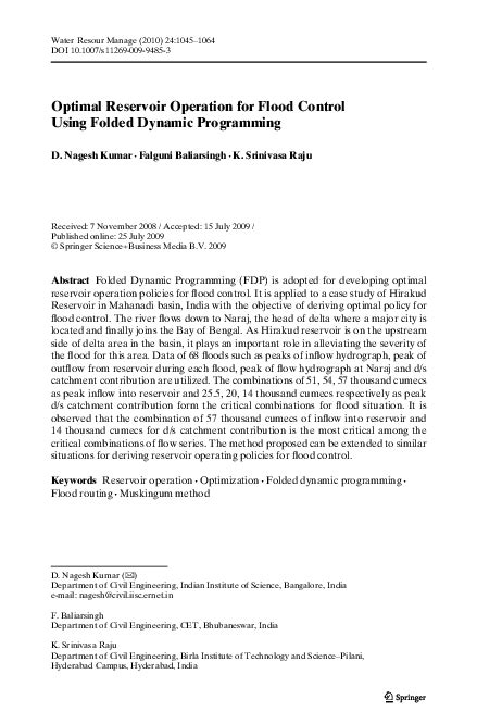 pdf optimal reservoir operation for flood control using folded dynamic programming d nagesh