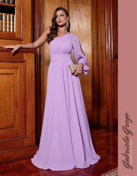 Vestido Longo Lavanda Em Chiffon Manga Nula Longa Abertura