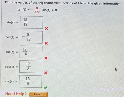 solved find the values of the trigonometric functions of t