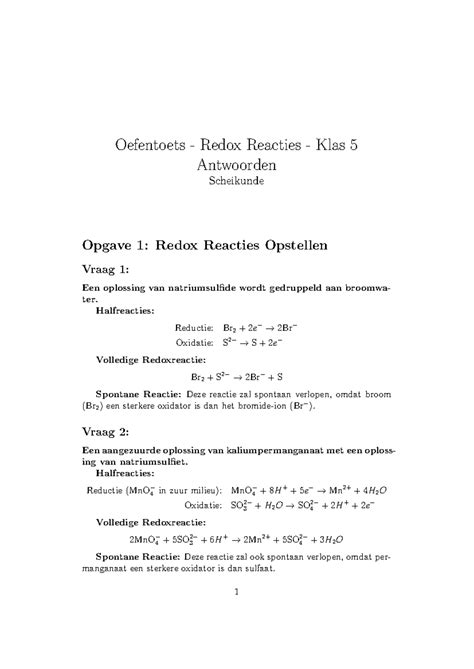 Antwoorden Oefentoets Oefentoets Redox Reacties Klas 5 Antwoorden