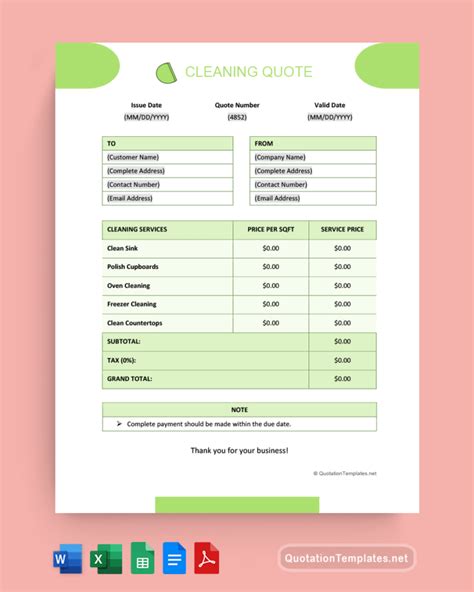 Cleaning Quote Template Grn Quote Templates