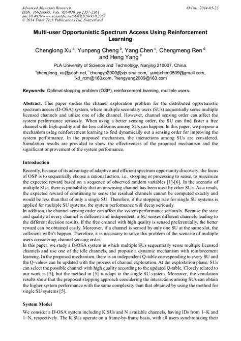 multi user opportunistic spectrum access using reinforcement learning scientific