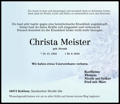 Traueranzeigen Von Christa Meister Rz Trauer De