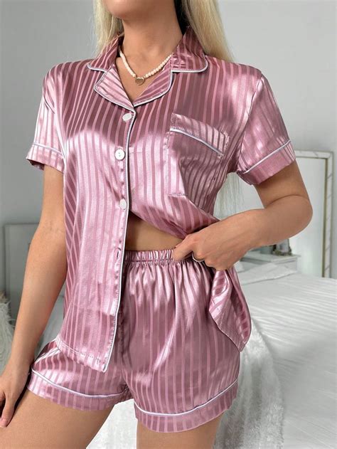 Conjunto de pijama de rayas jacquard ribete en contraste de satén