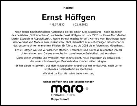 Traueranzeigen Von Ernst H Ffgen Wirtrauern