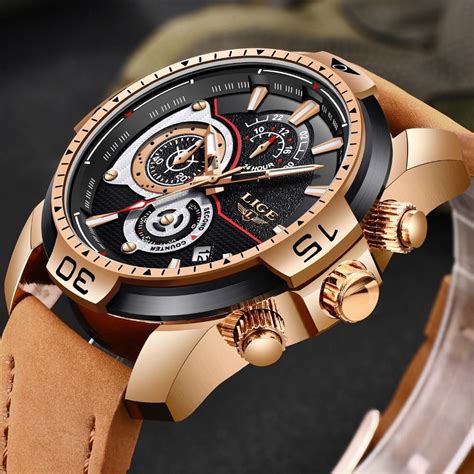 Lige Men S Luxury Casual Leather Sport Waterproof Gold Quartz Watch