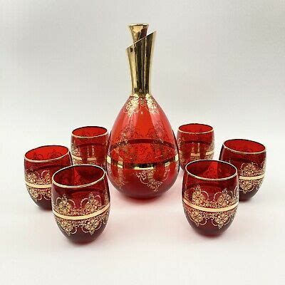 Venetian MURANO Red Glass Gold Trim Decanter Set W 6 Cordial Glasses