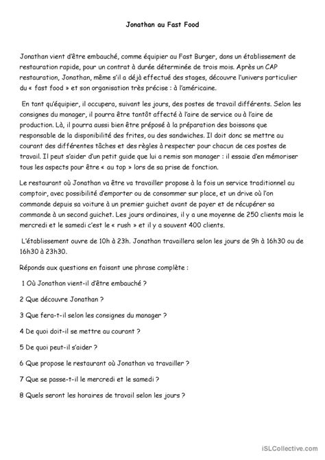 Au Fast Food Compr Hension G N Rale Fran Ais Fle Fiches Pedagogiques